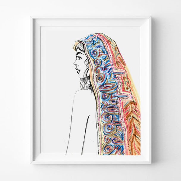 Bohemian Style Fashion Illustration Art Print Boho Girl