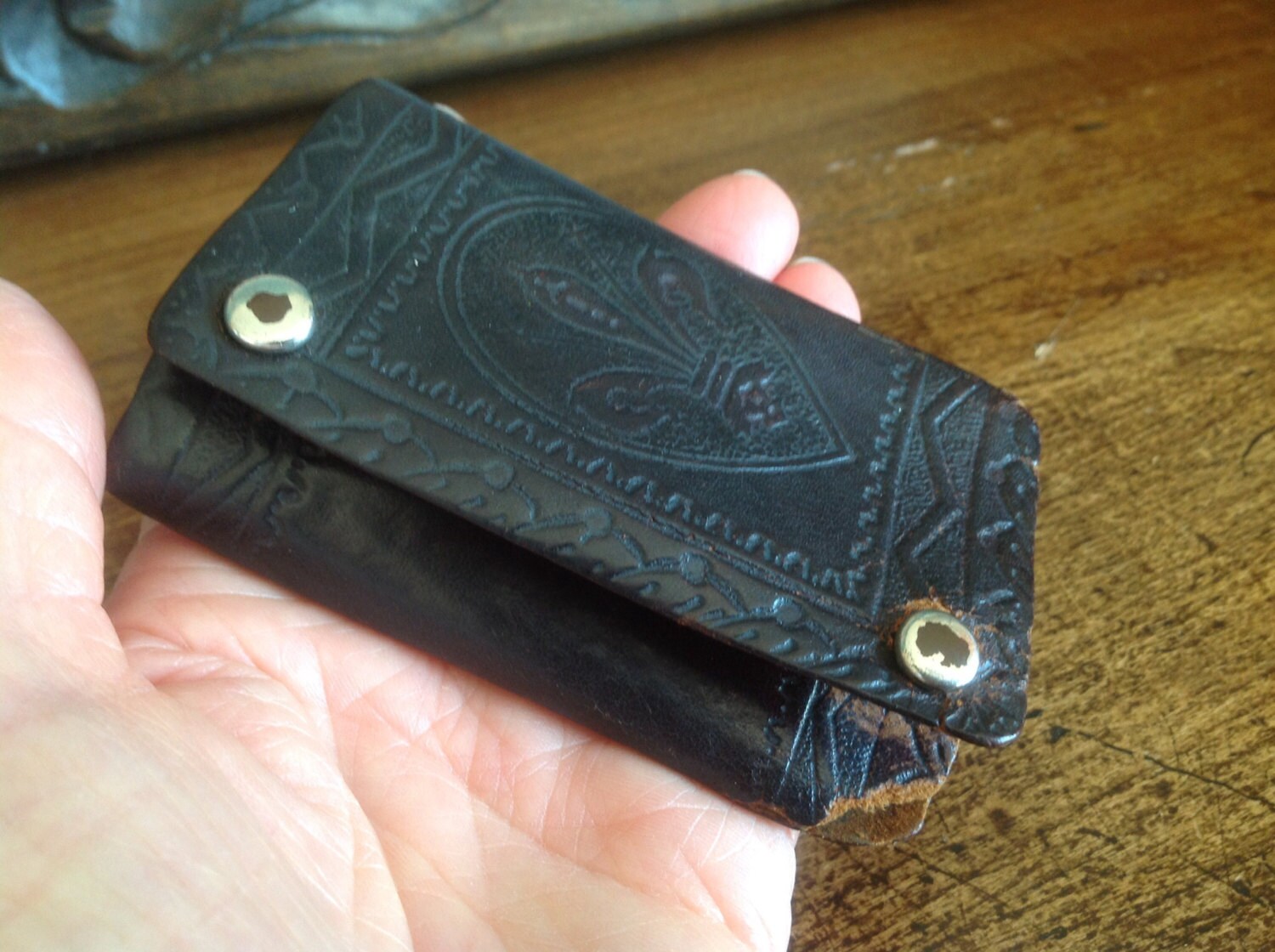 Vintage Old Tooled Leather. Key Pouch.–6 Metal Hooks For Easy Access ...