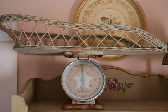 Antique Baby Scale with Worn Wicker Bassinet Top Baby Scale