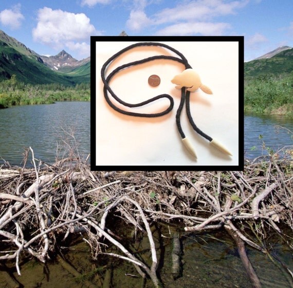 Items similar to Handmade Bone Bolo BEAVER on Black Cord Bone Tips on Etsy