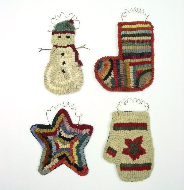 Rug Hooking PATTERN, Four Christmas Ornaments, J859, Star, Mitten ...