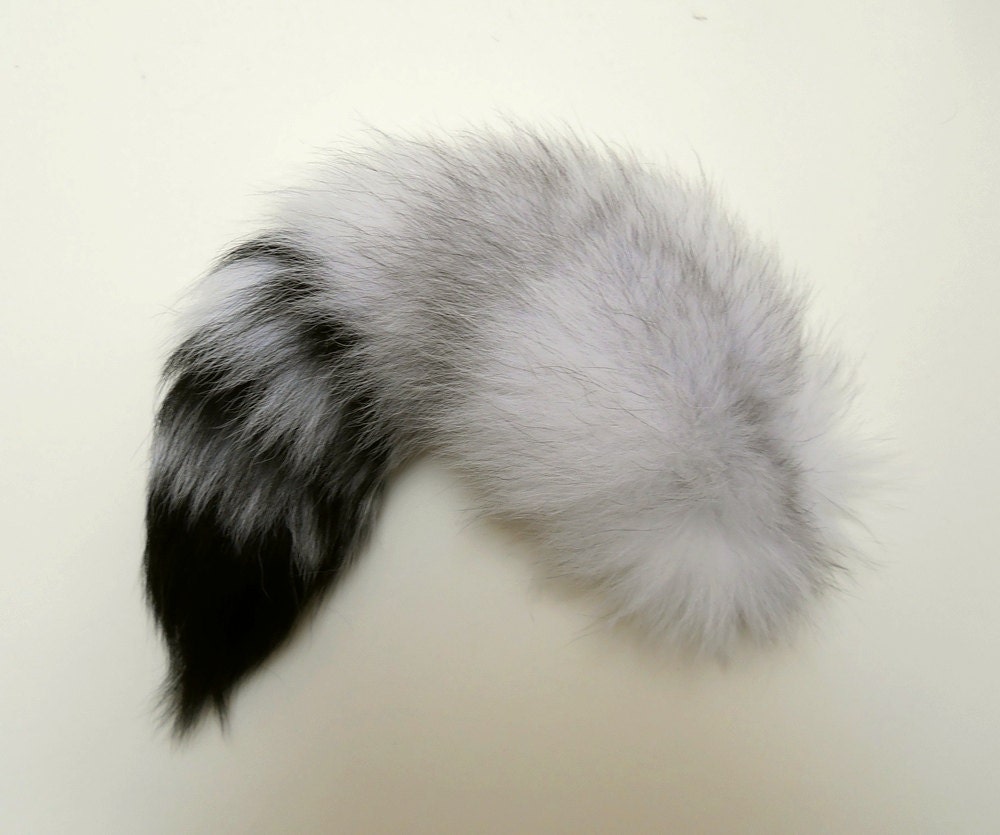 White Gray and Black Striped Fox Fluffy Long Fur Wolf Dog Tail