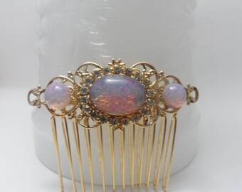 Fire opal hair comb pink opal comb opal hair gold comb hair accessories ...