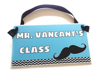 personalized blue and chevron male teacher name classroom door sign ...