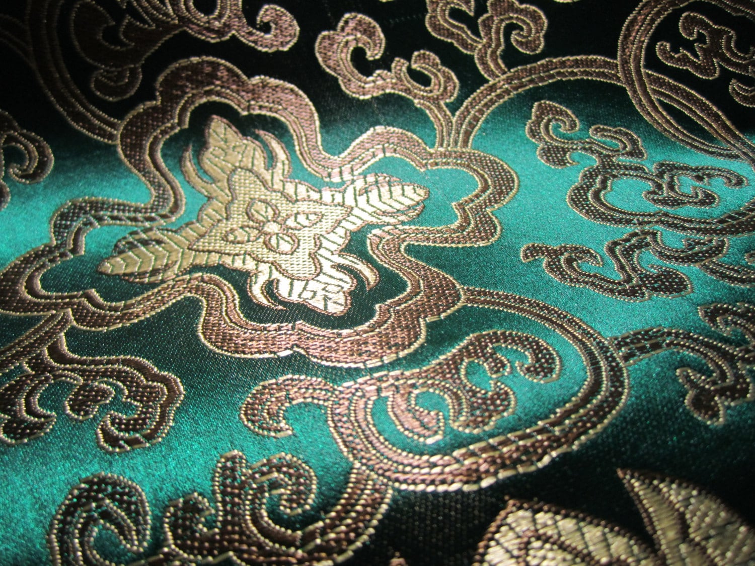 Chinese satin brocade in green and gold - ONE yard, vibrant green satin ...