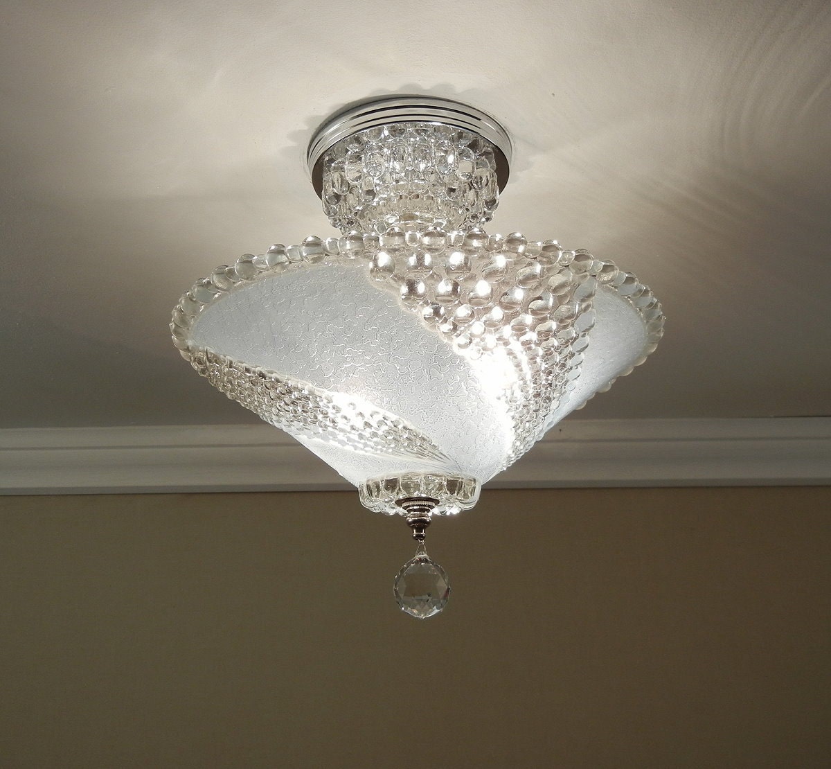 Vintage Ceiling Light 1940's Art Deco Blue HOBNAIL SWIRL