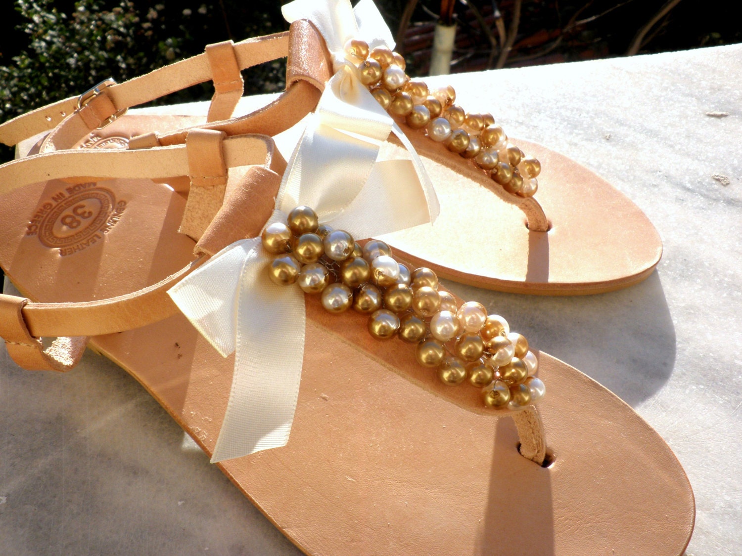 Wedding sandals Pearls sandals Gold pearls and satin bow