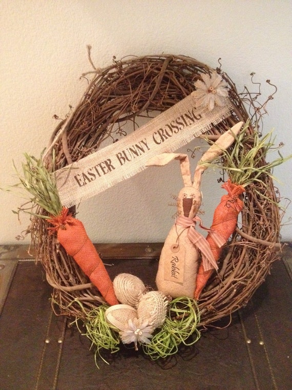 Items similar to Primitive Easter Spring Egg Shaped Grapevine Wreath ...