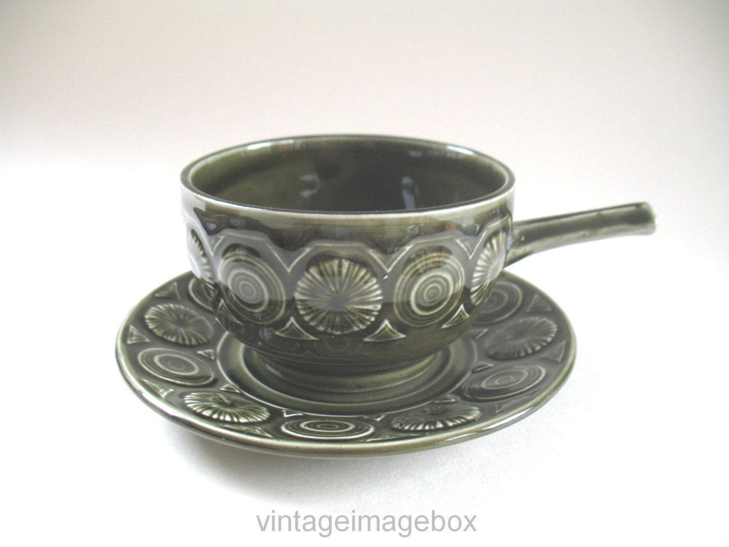 TAMS England Soup Bowl with handle and saucer, dark green pottery ...