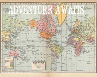 Adventure Awaits Map Print- nursery world map, vintage map poster ...