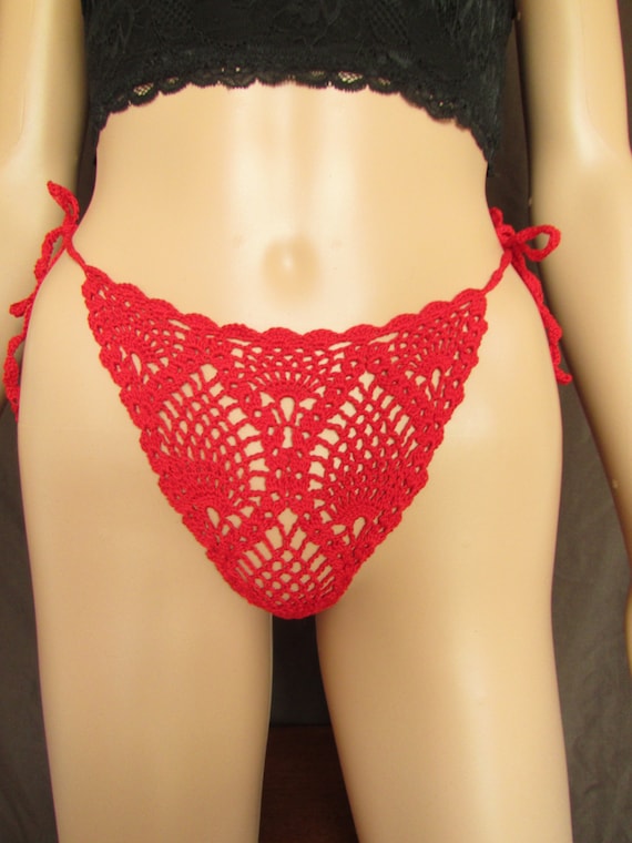 Handmade Crocheted Pineapple Lace Thong Sexy Lingerie In Red