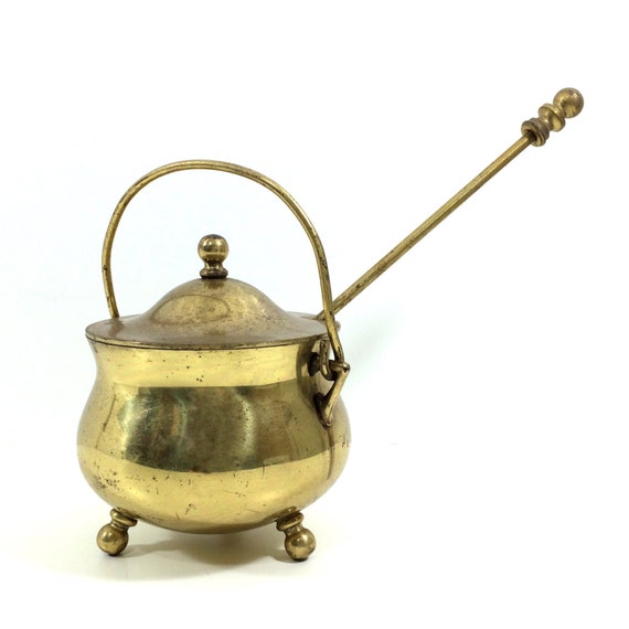 Vintage Brass Fire Pot Cauldron Kettle with Lid and Dipper