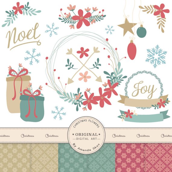 Premium Floral Christmas Clip Art & Digital Papers by AmandaIlkov