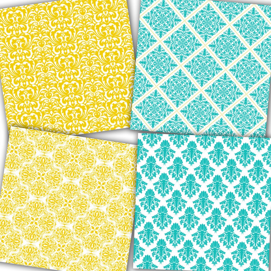Damask Digital Paper: Turquoise and Yellow Damask by Lunabludesign