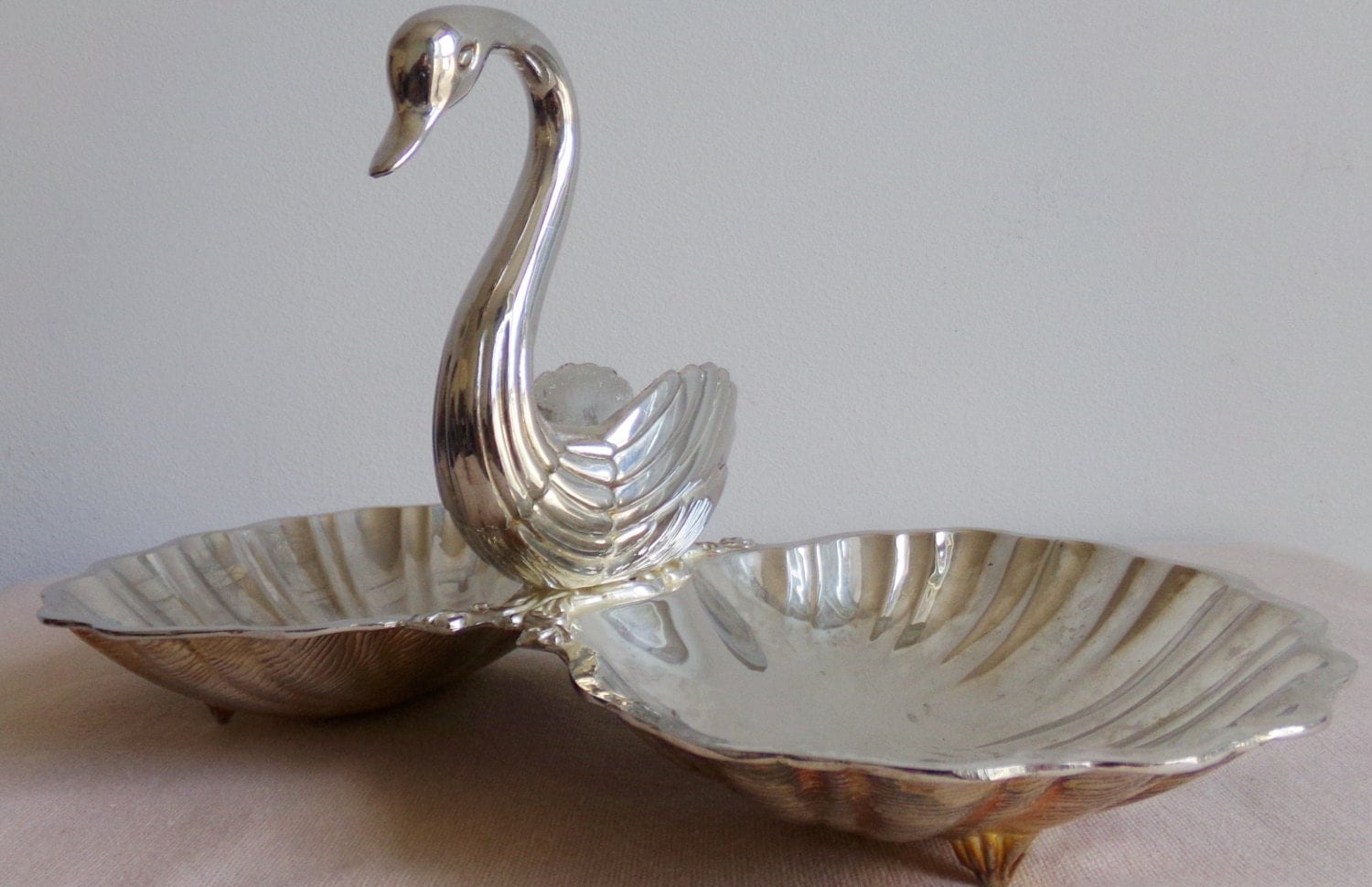 French vintage swan dish with two sections, chrome hors d’oeuvres dish ...