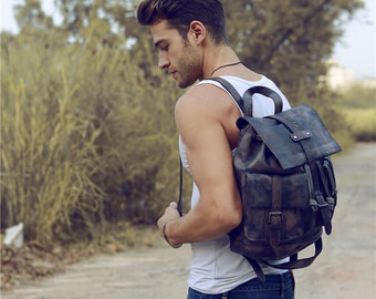 15" Leather Backpack/Student Laptop Bag/Messenger bag/men's Leather ...