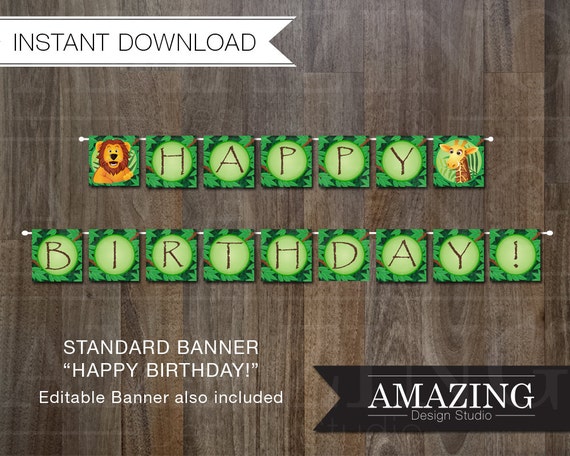 Jungle Birthday Banner: Happy Birthday & DIY Editable