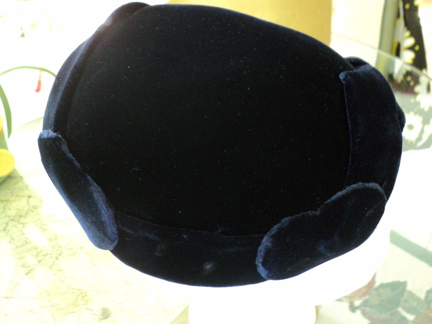 Vintage Navy Blue Velveteen hat with heart embellishments on sides ...