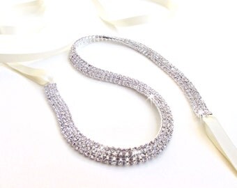 Rhinestone Ribbon Bridal Headband White or Ivory by GetNoticed
