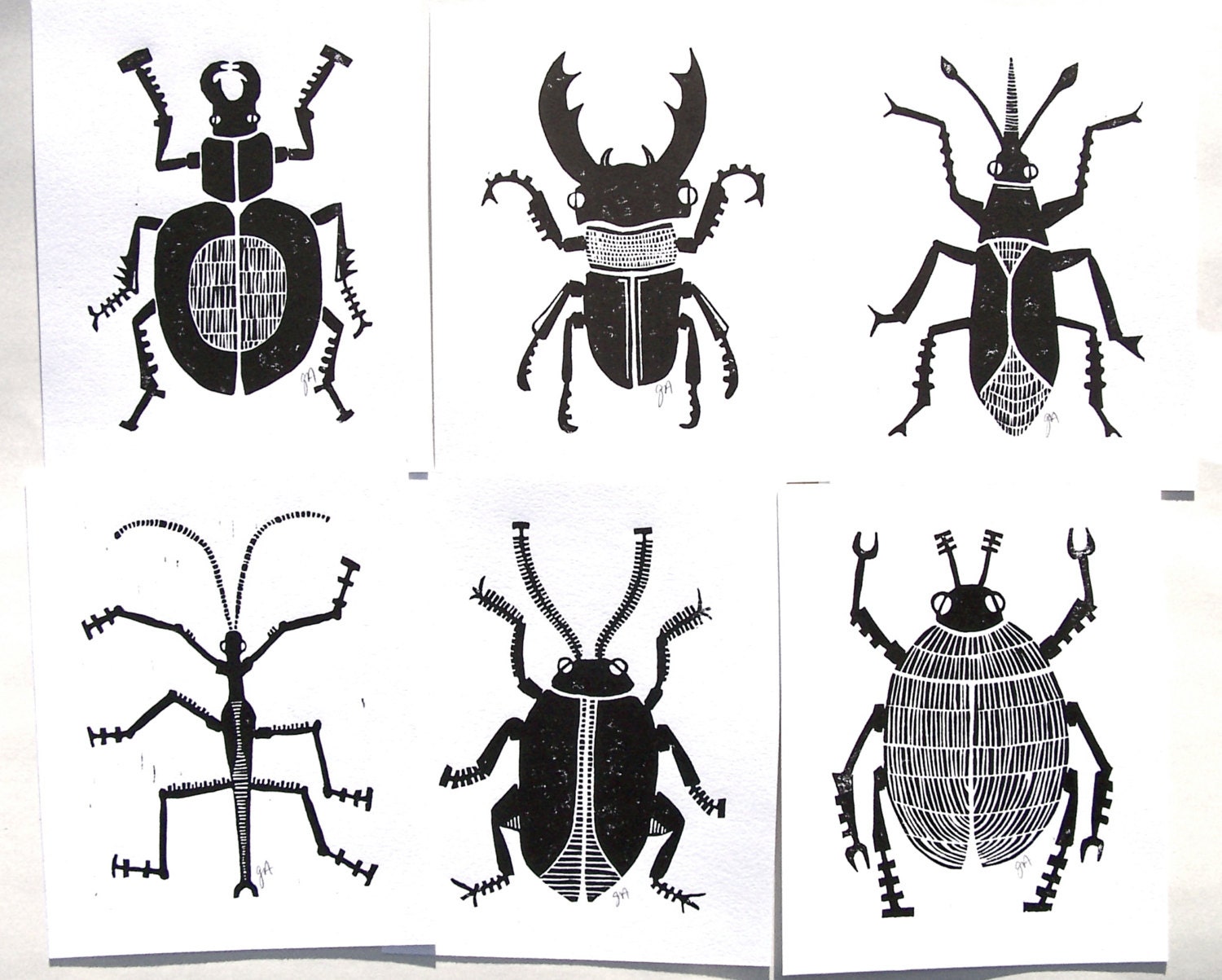 3 LINOCUT PRINTS Set of 3 block print insects 8x10 bugs