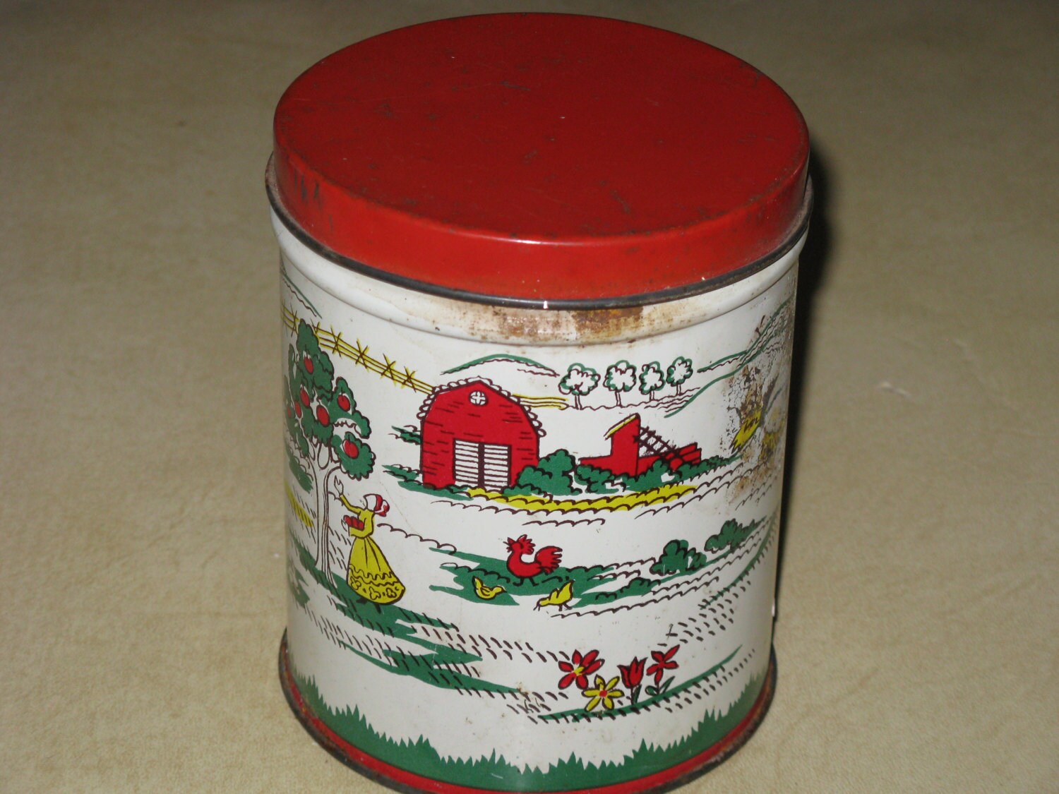 Vintage Tin Kitchen Canister Round Red and White Farm Scene Barn, Lady ...
