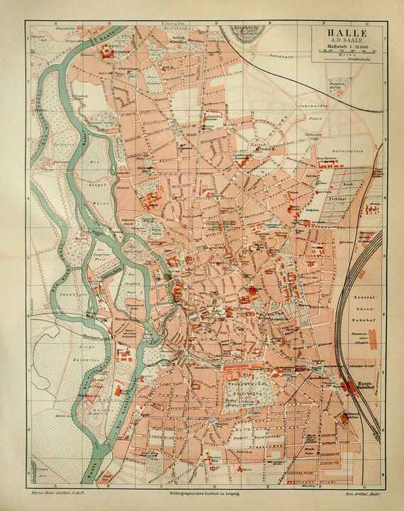 1897 Antique city map of HALLE GERMANY. Saale. 119 years old
