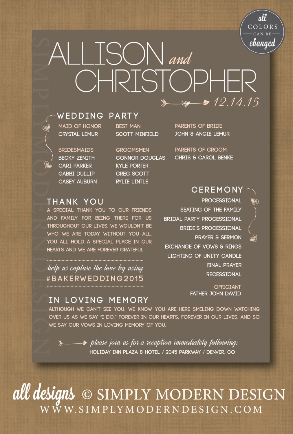 rustic wedding ceremony program, hearts and arrows, PRINTABLE ...