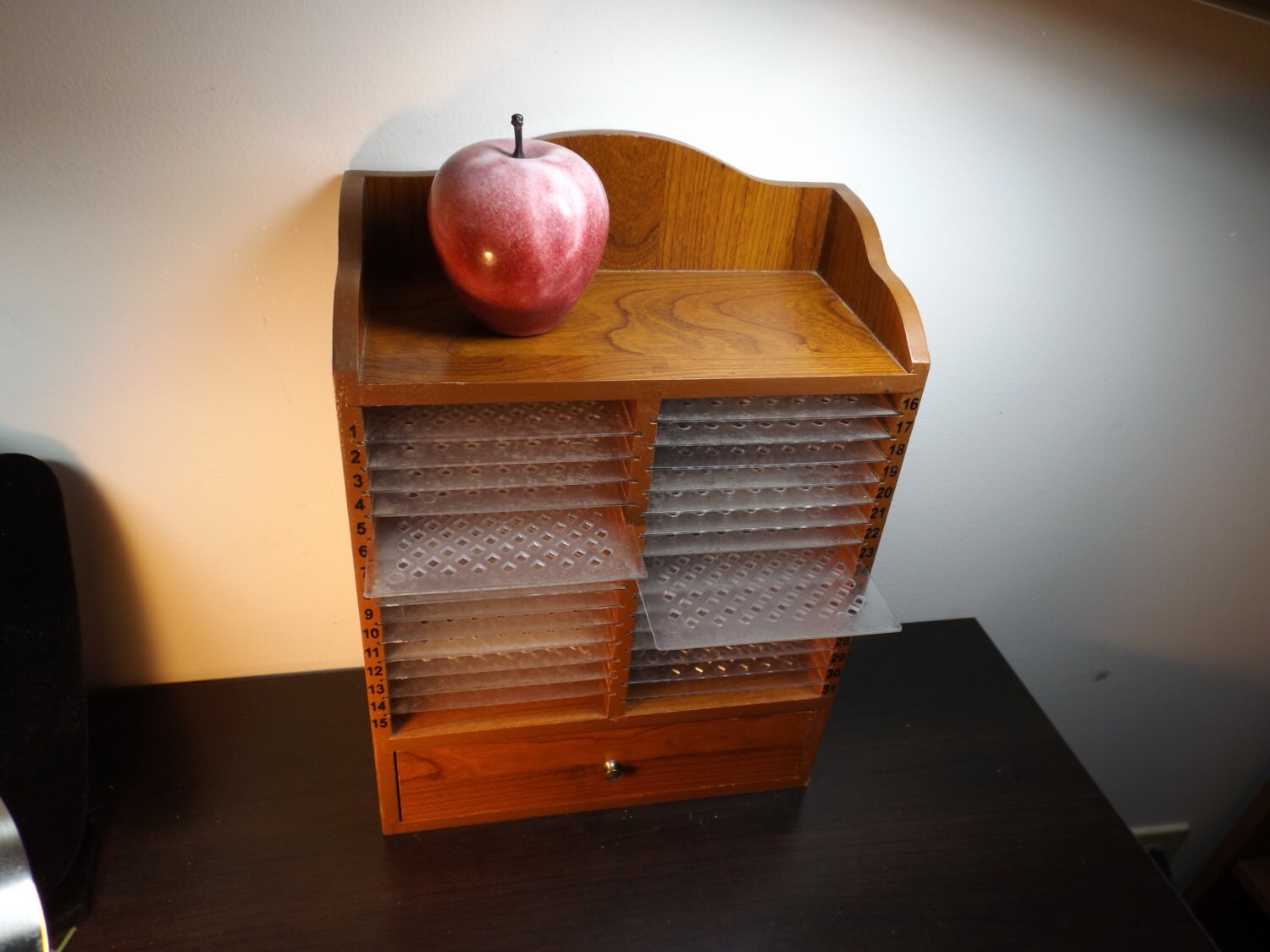 Cherry finished Organizer with numbered 31 shelves and drawer.Jewelry ...