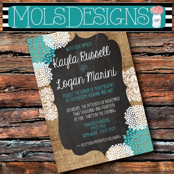 Any Color WEDDING VINTAGE BURLAP Lace Chalkboard Blue Teal