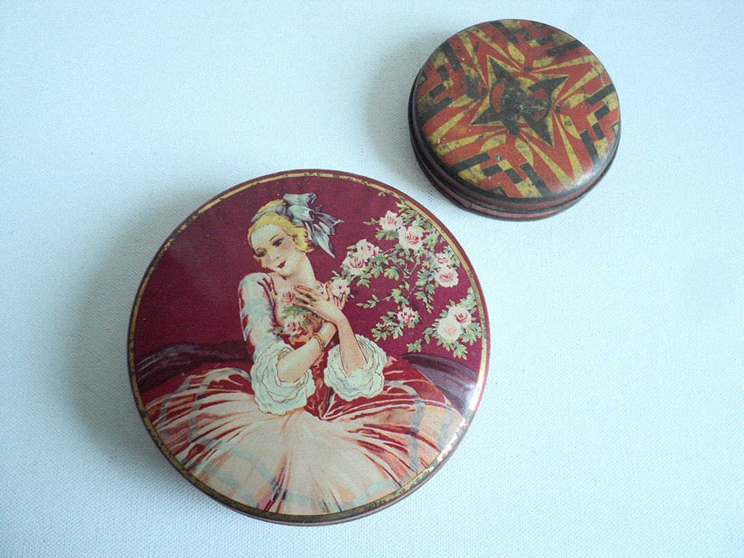 2 French Tin Boxes, Sweet Box, Candy Box, Storage box, Art Deco Box ...
