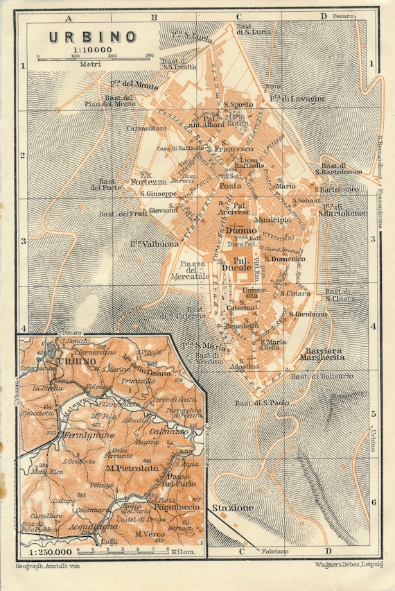 1909 Urbino Italy Antique Map