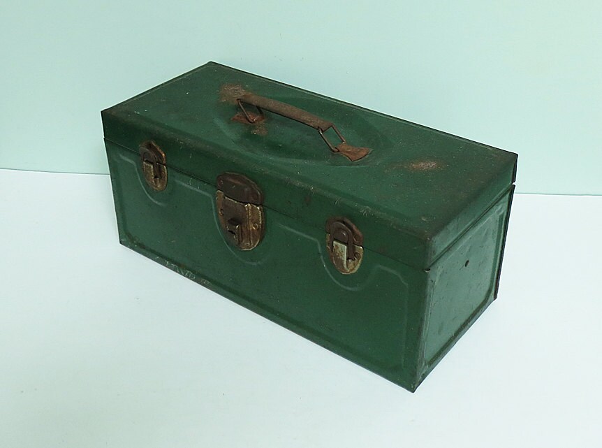 Vintage Green Metal Tool Box with Lift-Out Tray, Rustic Storage ...