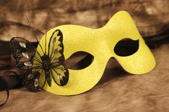 Yellow Masquerade Mask Halloween Masked Ball Black Glitter