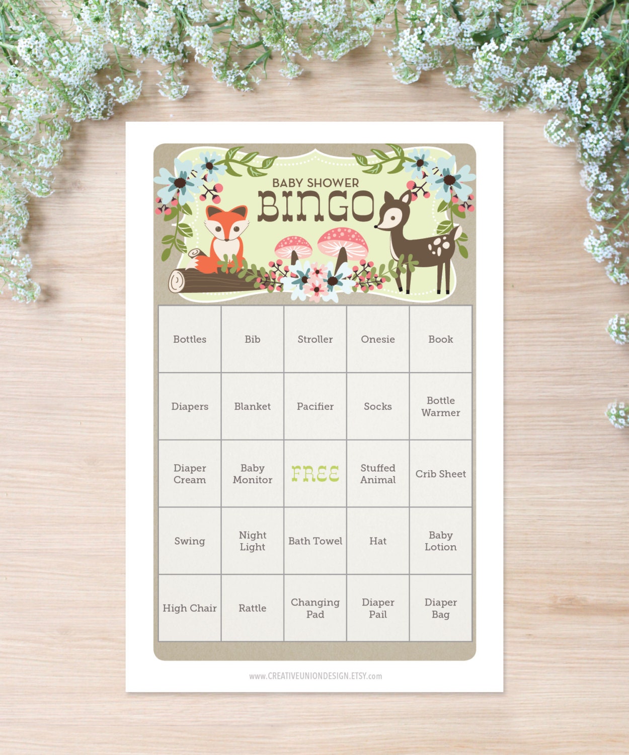 Woodland Baby Shower Bingo 50 Unique Game by CreativeUnionDesign