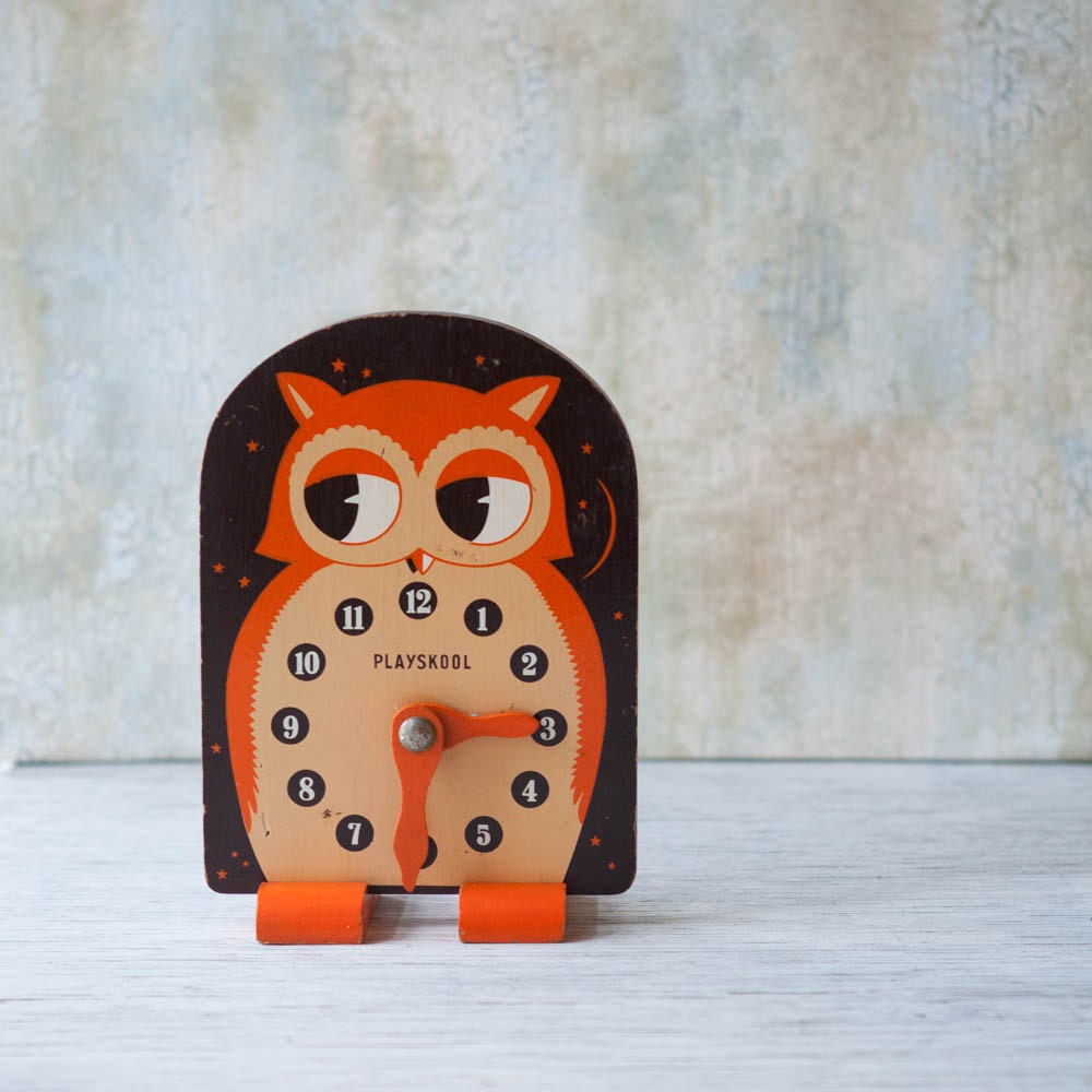 Playskool Owl Clock Toy Wooden 1960s Orange Brown and Beige