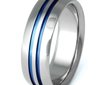 Thin Blue Line Titanium Wedding Band Blue by TitaniumRingsStudio