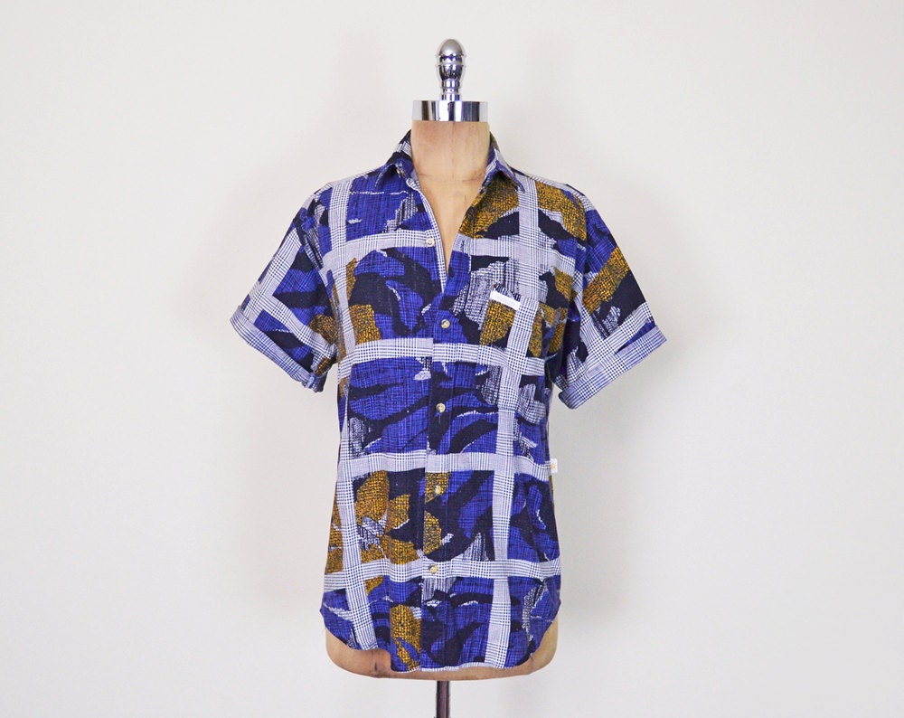 Vintage 80s 90s Blue Abstract Shirt Abstract Print Shirt Plaid Short ...