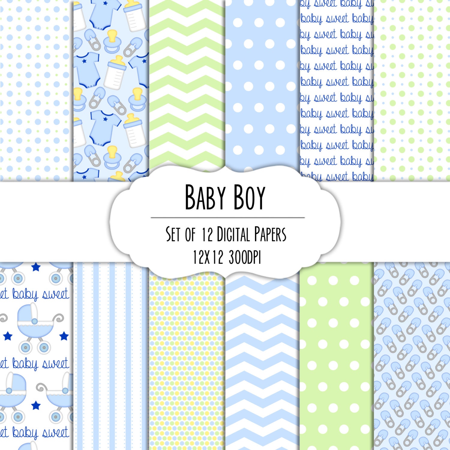 Baby Boy Digital Scrapbook Paper 12x12 Pack Set of 12