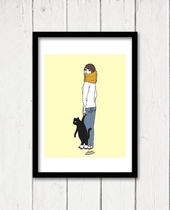 Items similar to Cat On Roller Skates Drawing, Cute Kitten Yellow Pop ...