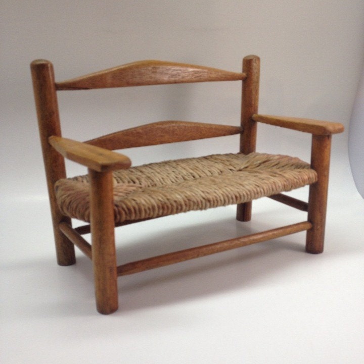 Primitive Doll Furniture Settee – Wooden Chair with Rush seat – Haute Juice