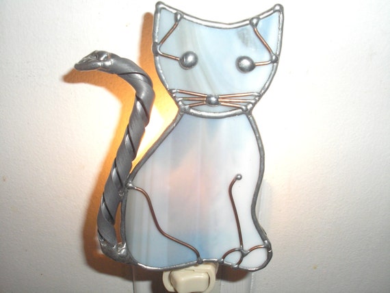 LT Stained glass gray Cat night light lamp made with a mix of