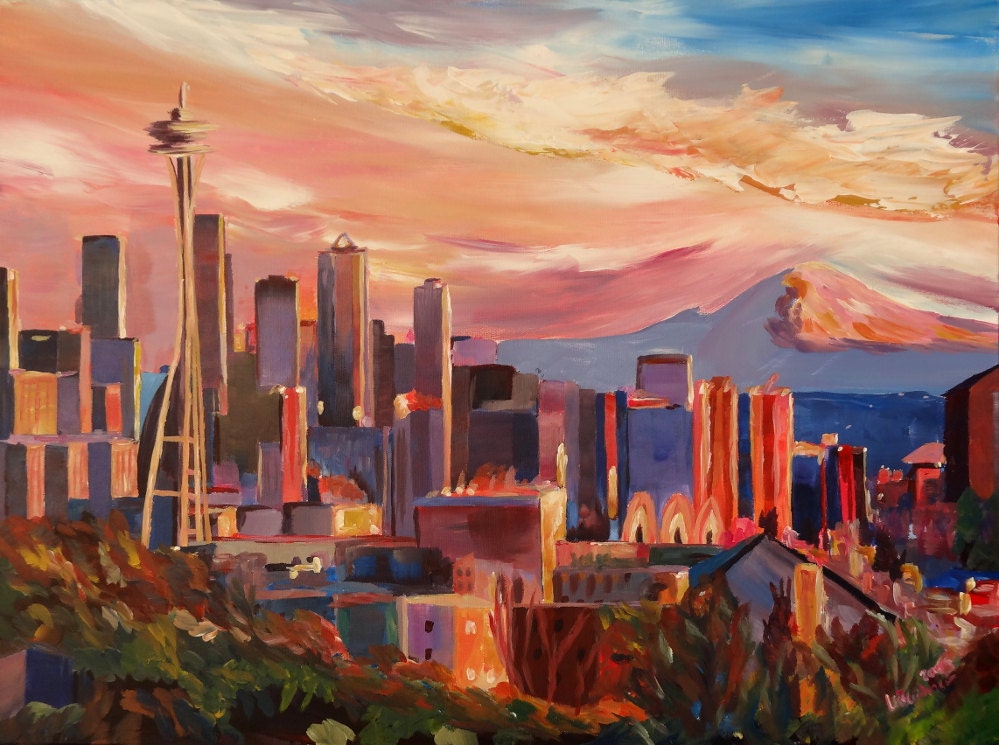 Seattle Skyline With Space Needle And Mt Rainier Fine Art