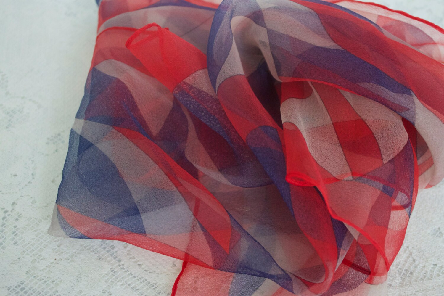 Vintage Scarf Nylon Chiffon 1950s Red Patterned Rockabilly