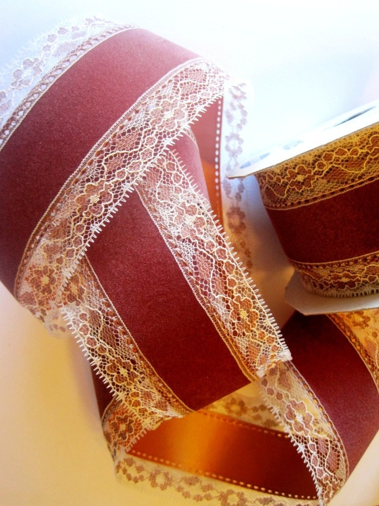 Thick Wide Royal Ribbon With Lace Maroon / Ivory 2 1/2