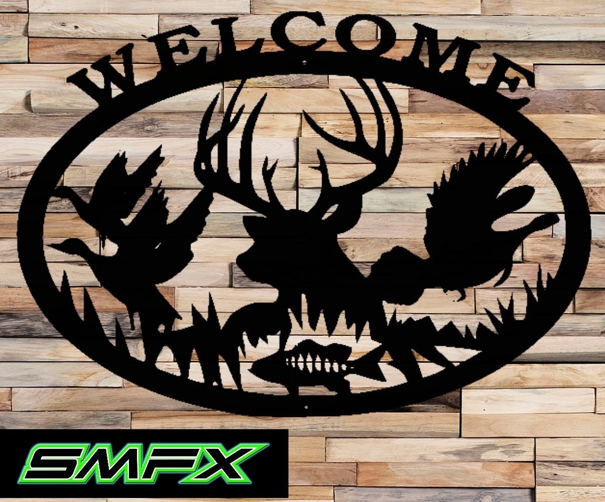 Deer welcome sign large wih ducks fish and phesants