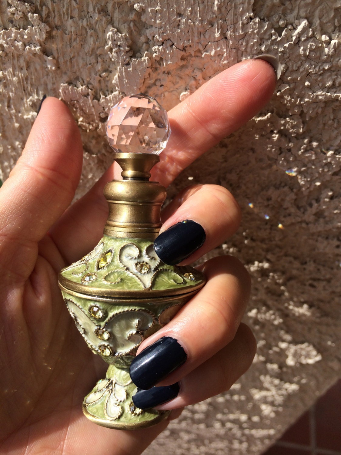 Vintage Lucite and Austrian Crystal Brass Perfume Bottle Poison Bottle ...
