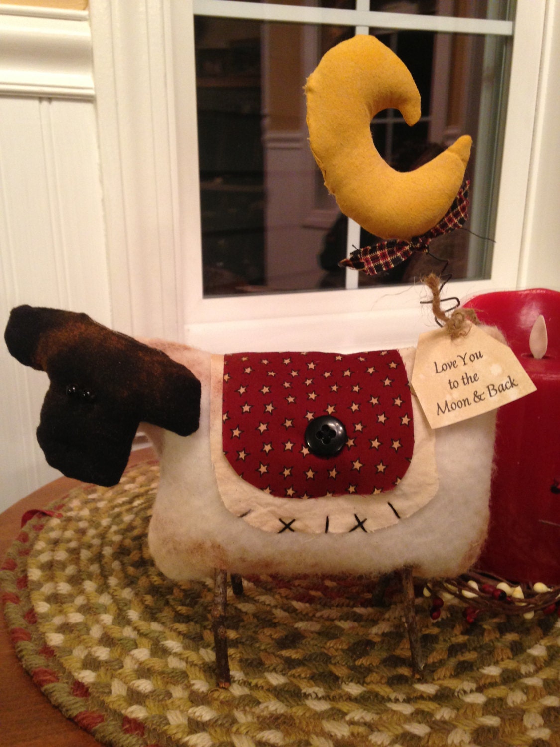 Primitive Handmade Sheep with Blanket and Wire Moon Love