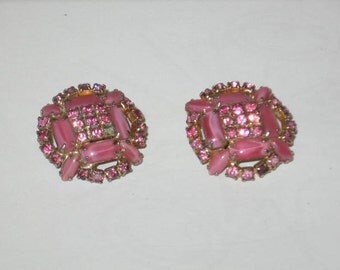 Pink Rhinestone Leaf Earrings Clips Vintage Brushed Sparkling