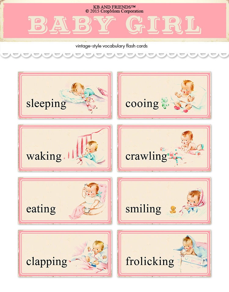 Digital vintage baby girl vocabulary flash cards / 2 by
