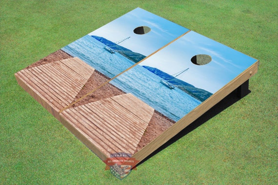 Custom Corn Hole Dock with Boat in the Water Graphic Cornhole